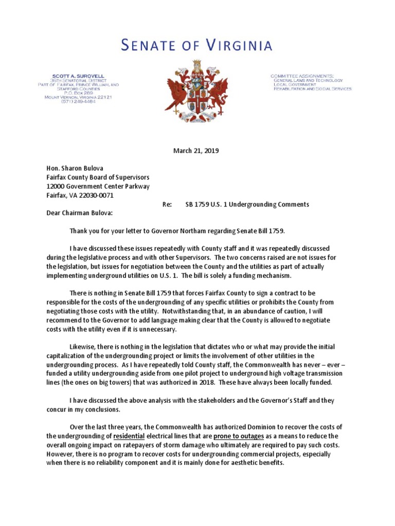 Letter to Fairfax County Board of Supervisors Regarding SB1759 ...