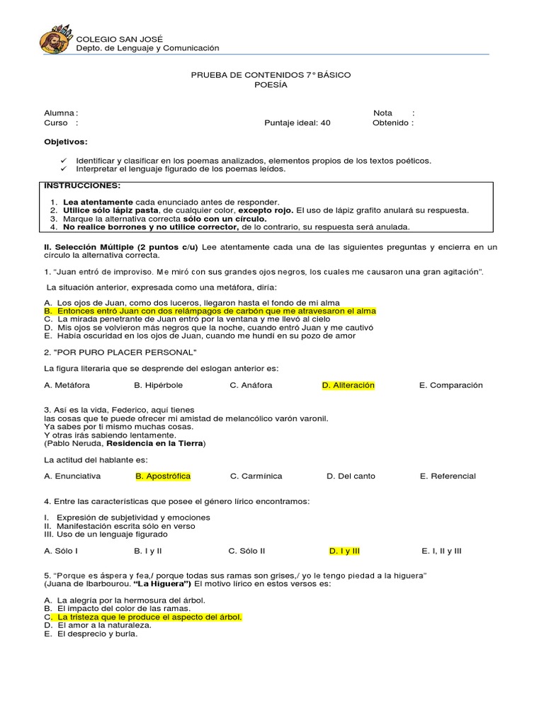 Prueba de Poesía 7° Básico: Contenidos y Evaluación | PDF | Poesía | Amor