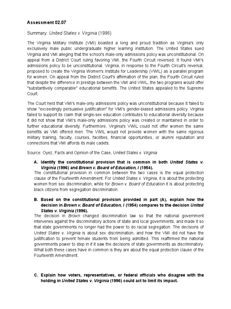 Assessment02 07gov | PDF | United States V. Virginia | Equal Protection ...