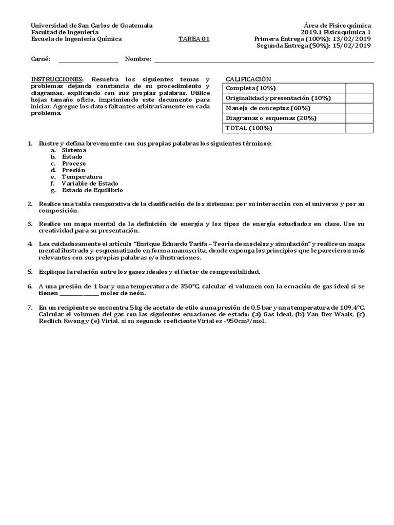 Tarea 1 Fisicoquimica Usac 2019 | PDF