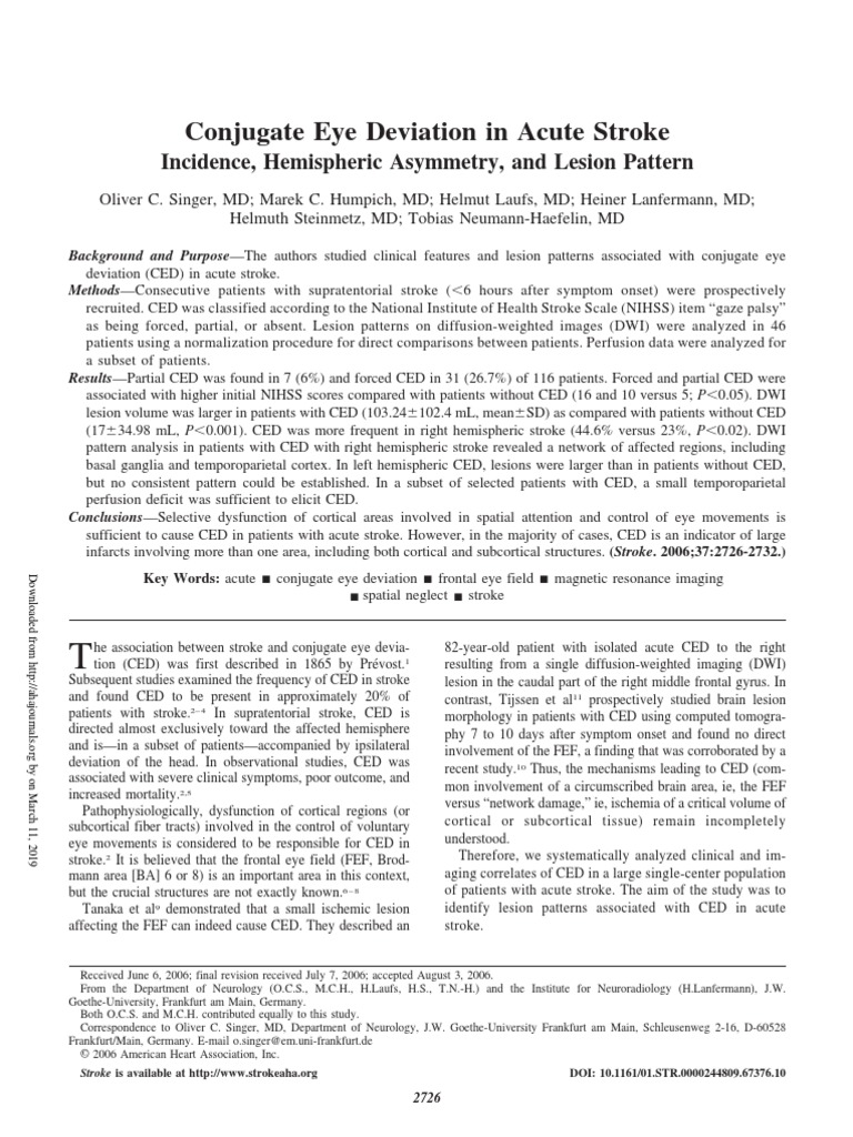 Conjugate Eye Deviation in Acute Stroke: Incidence, Hemispheric ...