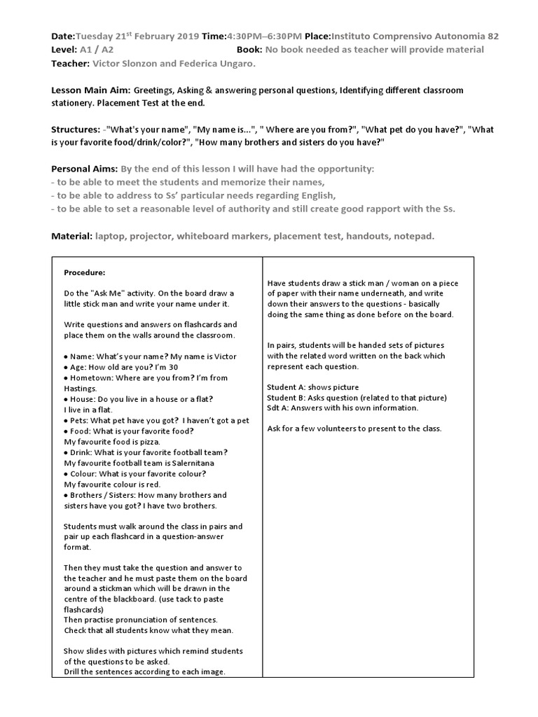 A1/A2 English Lesson Plan at Instituto 82 | PDF | Pedagogy | Communication