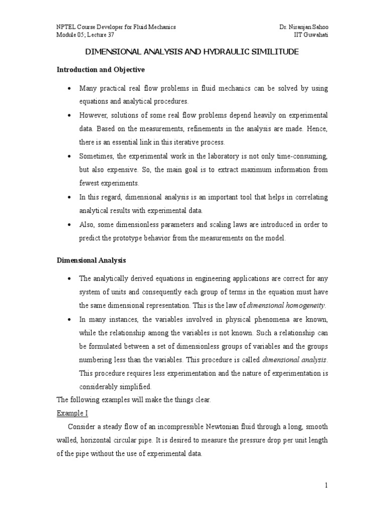 Dimensional Analysis and Hydraulic Similitude Introduction and ...