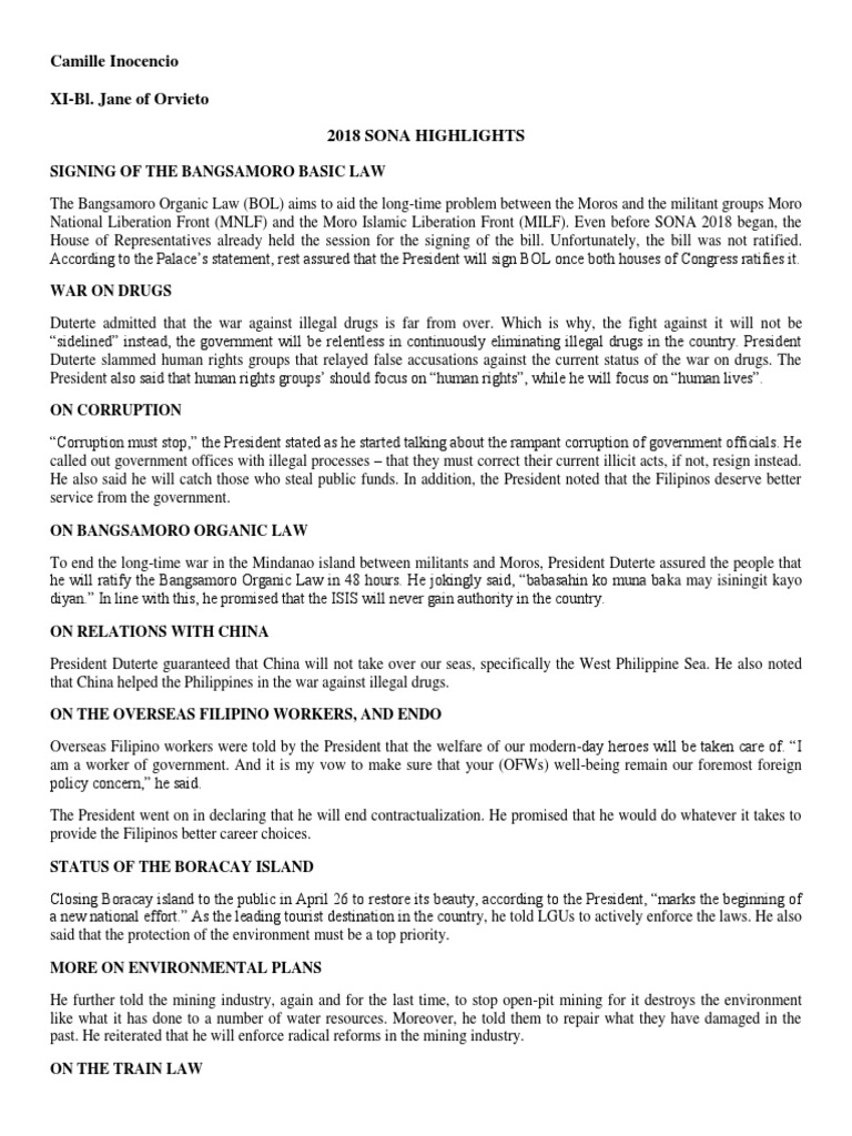 2018 Sona Highlights | PDF | Rodrigo Duterte | Philippines