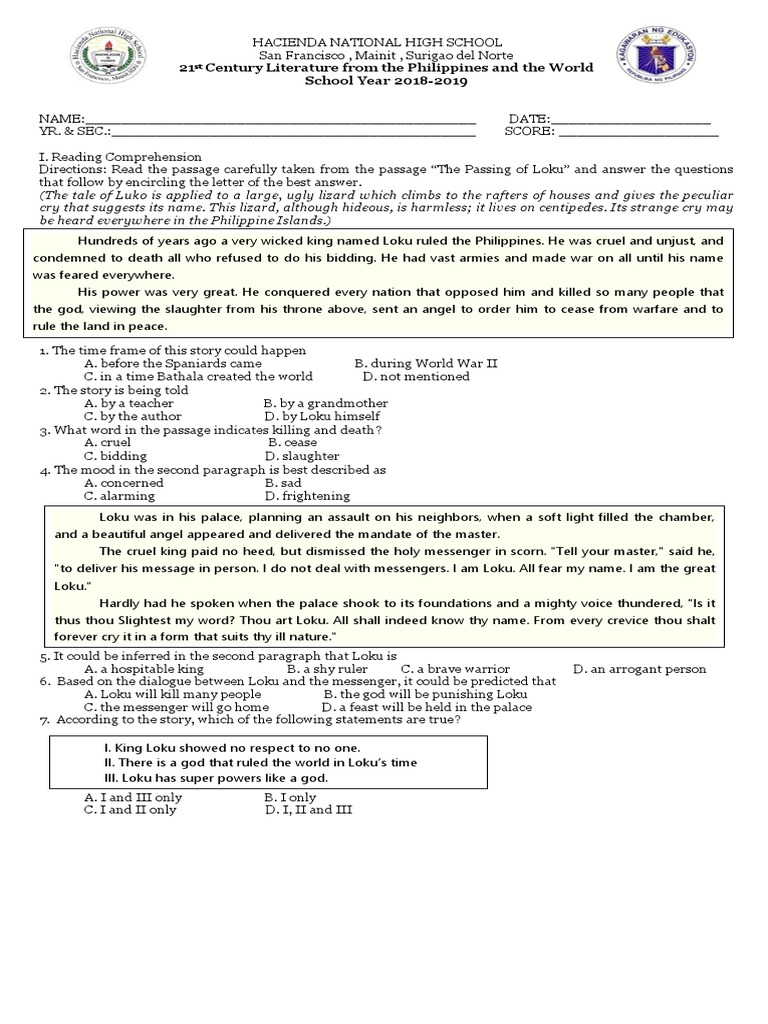 HACIENDA NATIONAL HIGH SCHOOL Literature Test"The title "TITLE HACIENDA ...