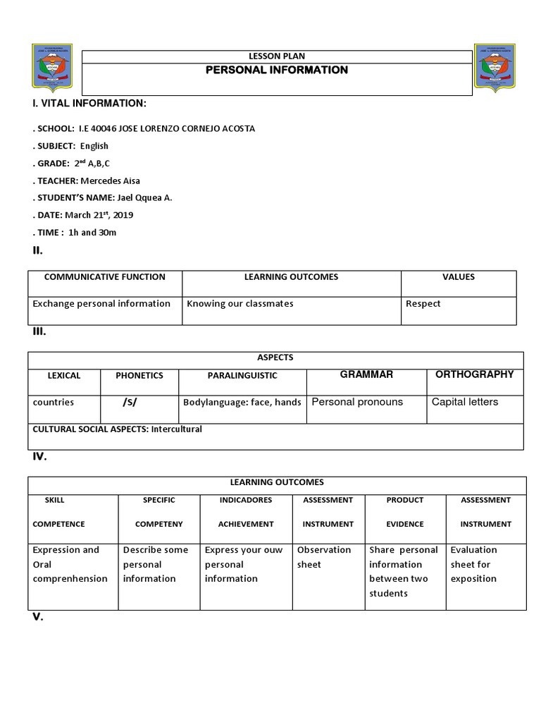 Personal Information Exchange Lesson Plan | PDF | English Language ...