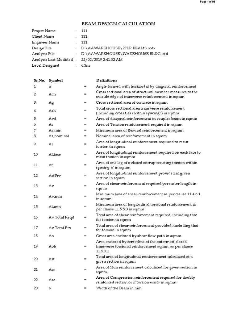 Beam Design Calculation: SR - No. Symbol Definitions | PDF | Beam ...