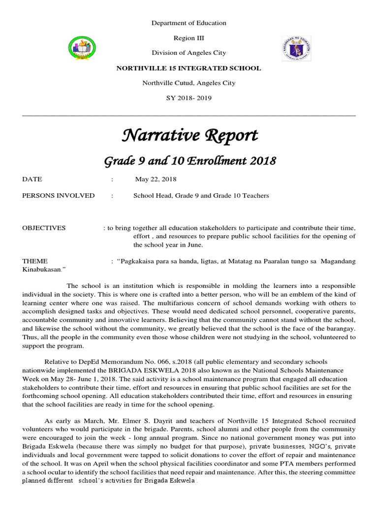 BRIGADA ESKWELA Narrative 2018 | PDF | Behavior Modification | Learning