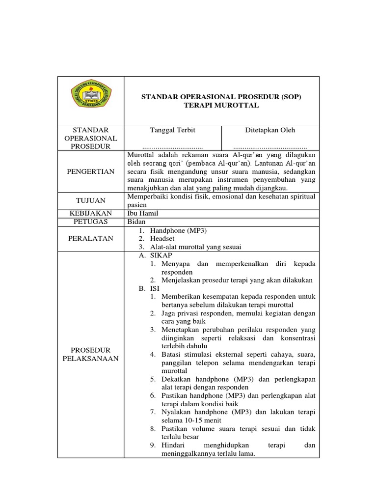Standar Operasional Prosedur Terapi Murottal | PDF