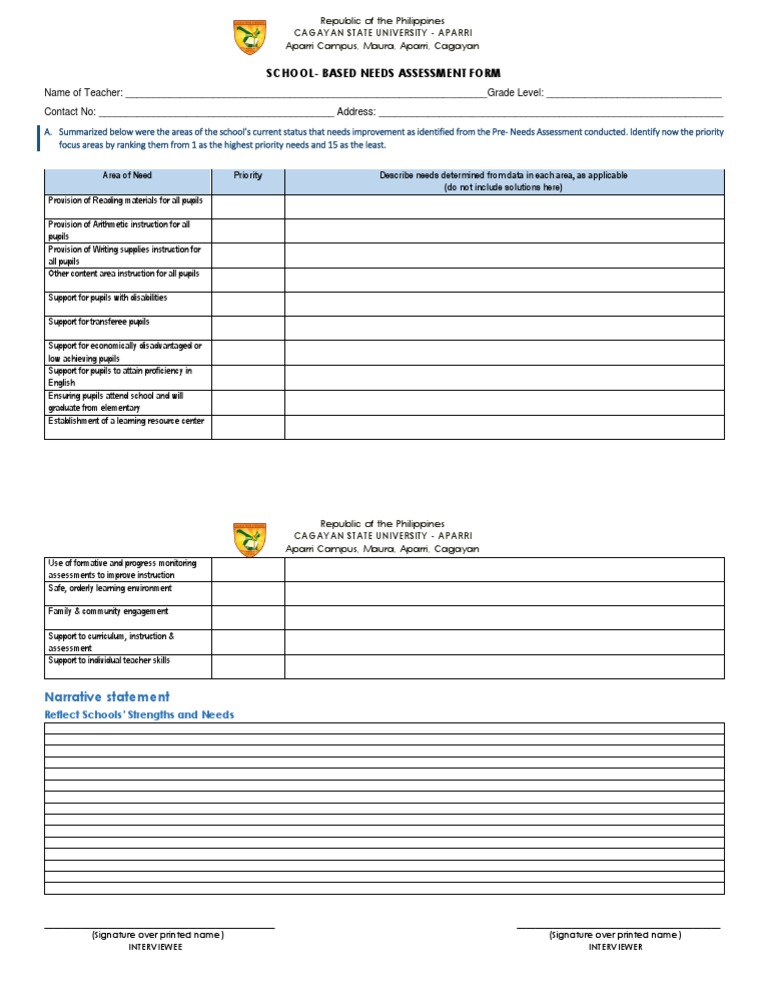 School-Based Needs Assessment Form | PDF | Needs Assessment | Teaching