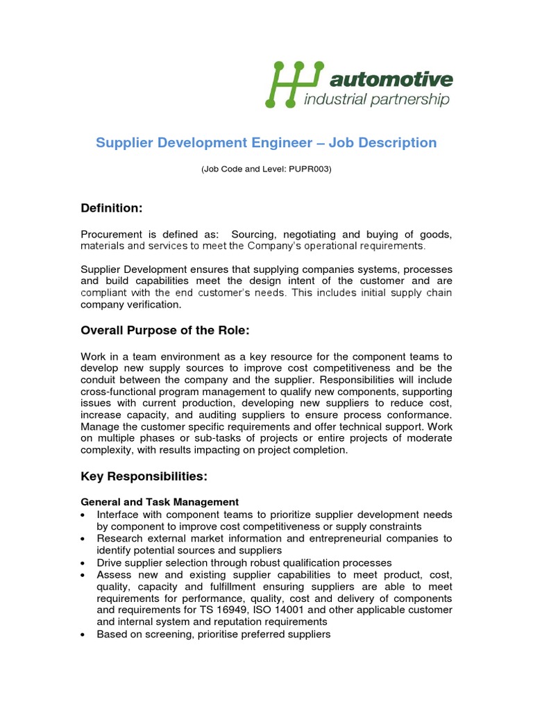 Supplier Development Engineer Role | PDF | Procurement | New Product ...