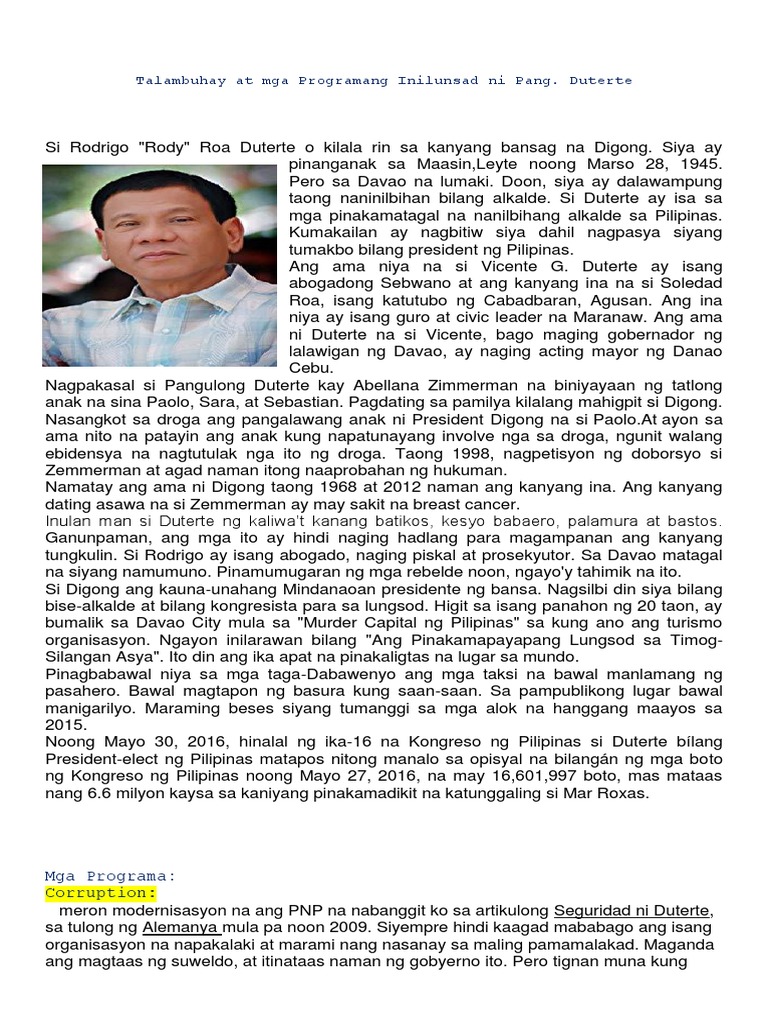 Talambuhay at Mga Programang Inilunsad Ni Du30 | PDF