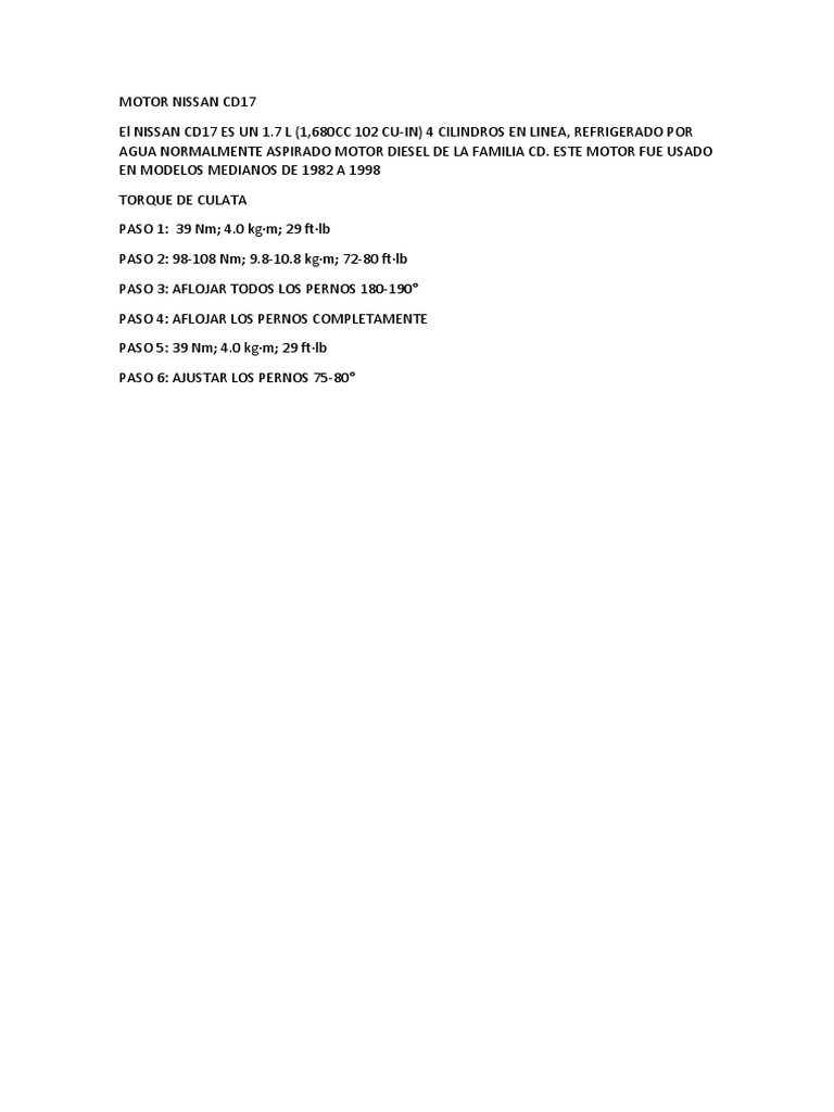 Especificaciones del Motor Nissan CD17 | PDF | Coche | Máquinas rotativas
