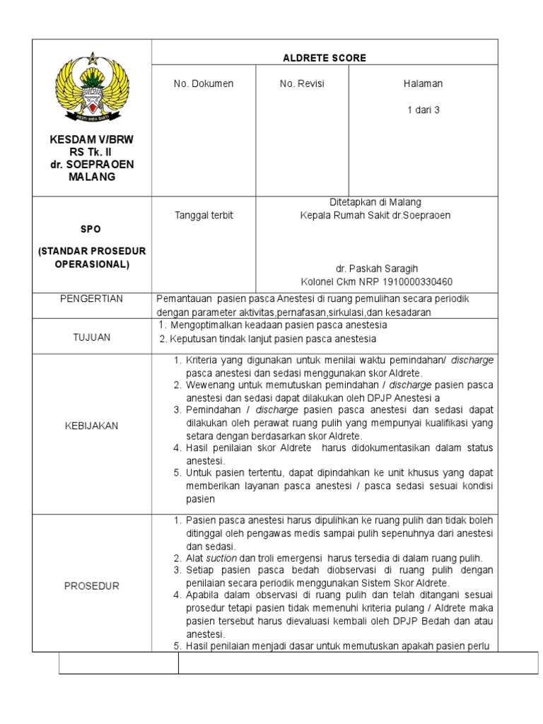 Sop Aldrete Score | PDF