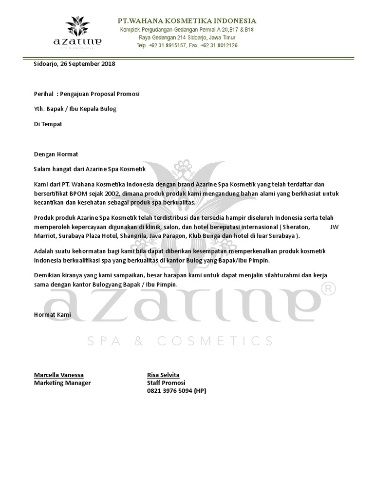 Proposal Promosi Azarine Spa Kosmetik | PDF