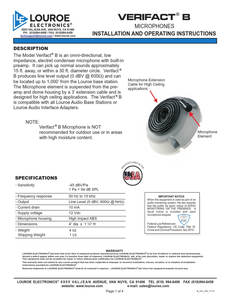 Microfono Louroe Verifact B PDF | PDF | Microphone | Sound Technology