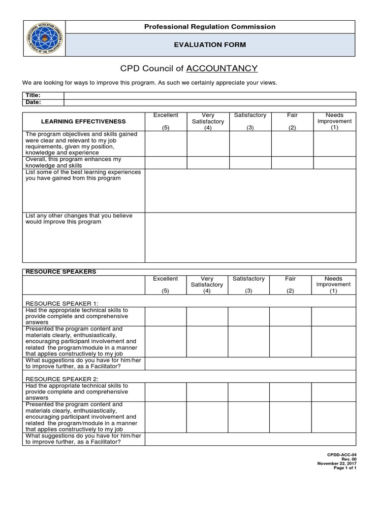 CPDD-ACC-04 Rev 00 Evaluation Form | PDF | Facilitator | Change