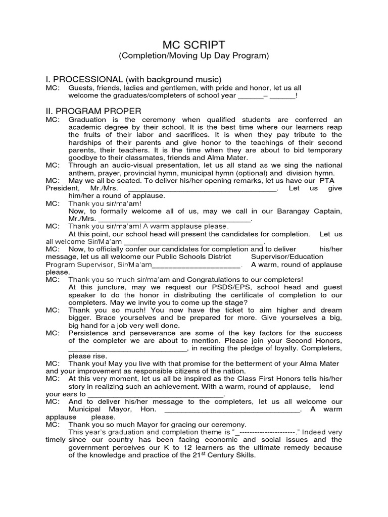 Emcee Script For Moving Up or Graduation | PDF
