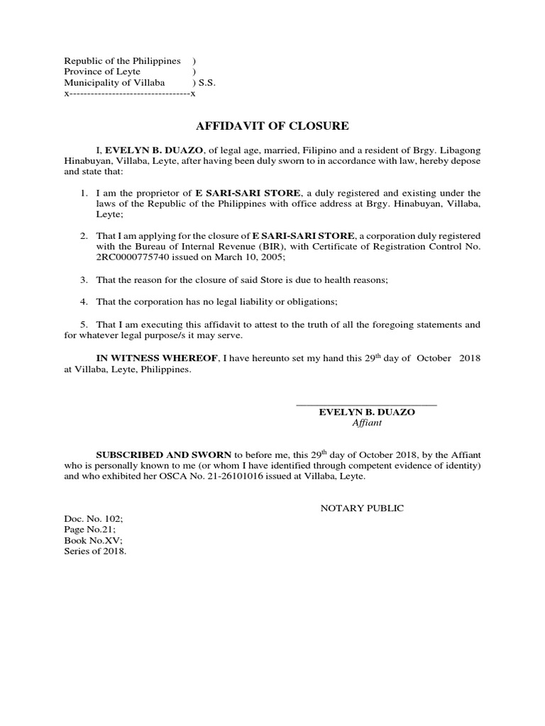 Affidavit of Closure - Evelyn | PDF