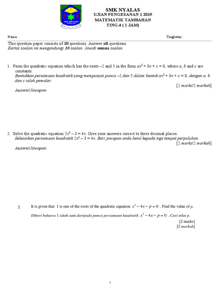 Ujian 1 Add Math T4 PDF | PDF