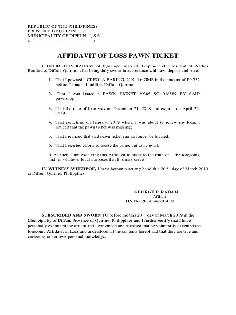 Affidavit of Loss for Pawn Ticket | PDF | Politics