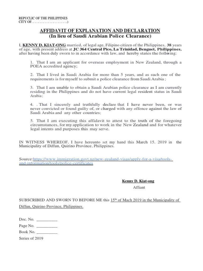 Affidavit Explaining Inability to Obtain Saudi Arabian Police Clearance ...