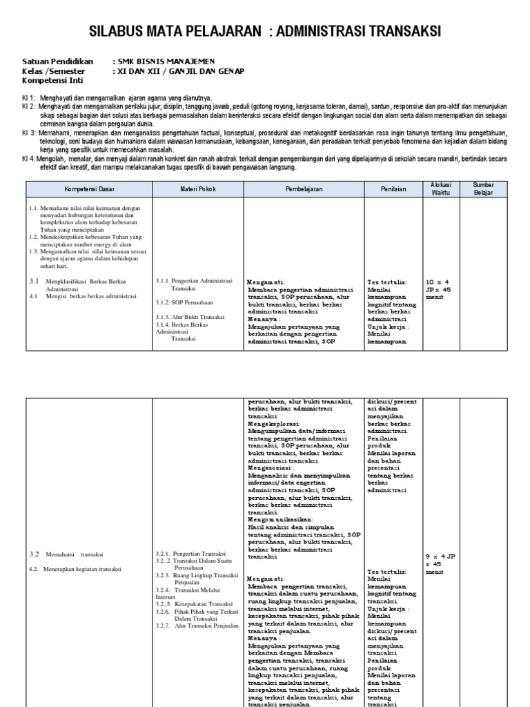 Silabus Administrasi Transaksi Kelas Xi PM SMK Binus Jatirogo | PDF