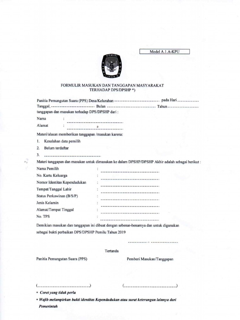 Form Masukan Dan Tanggapan Masyarakat Model A1A KPU PDF | PDF