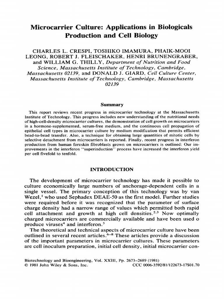 Microcarrier Culture: Applications in Biologicals Production and Cell ...