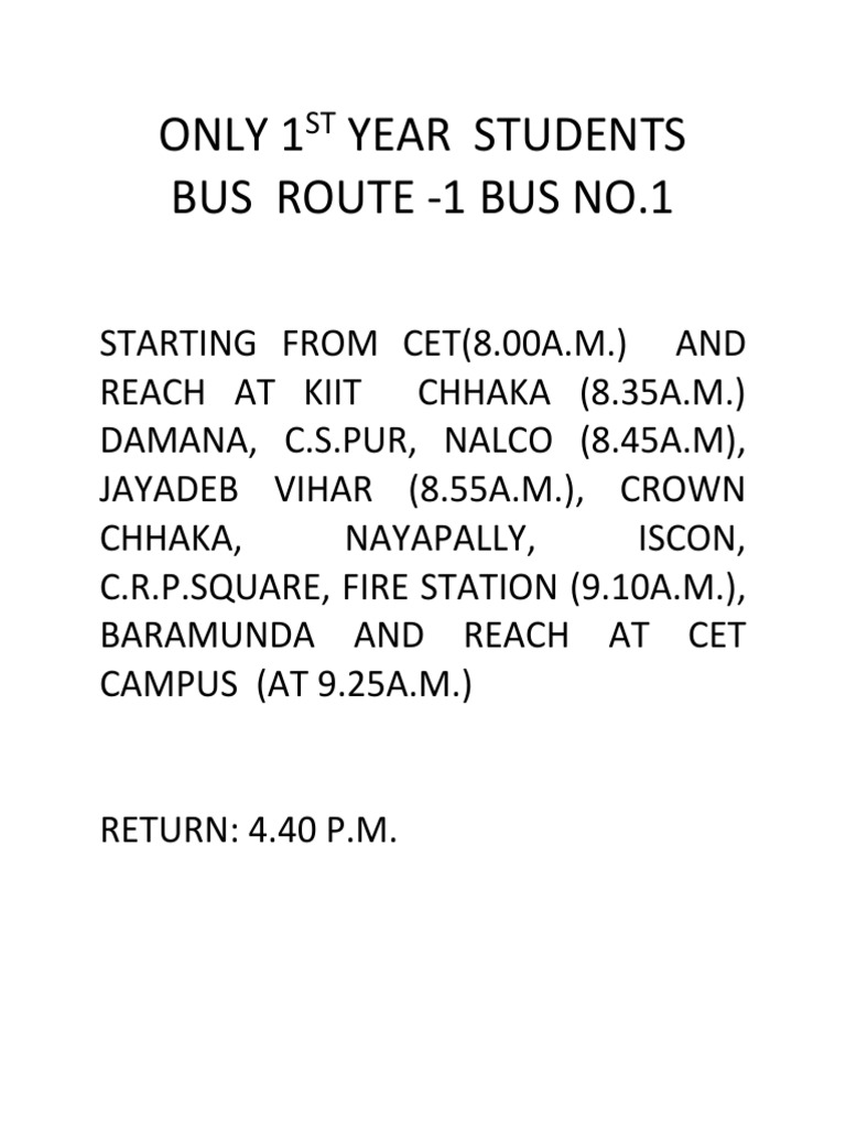 Only 1 Year Students Bus Route - 1 Bus No.1 | PDF