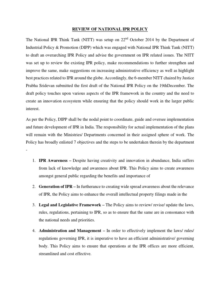 National IPR Policy Overview | PDF | Intellectual Property ...