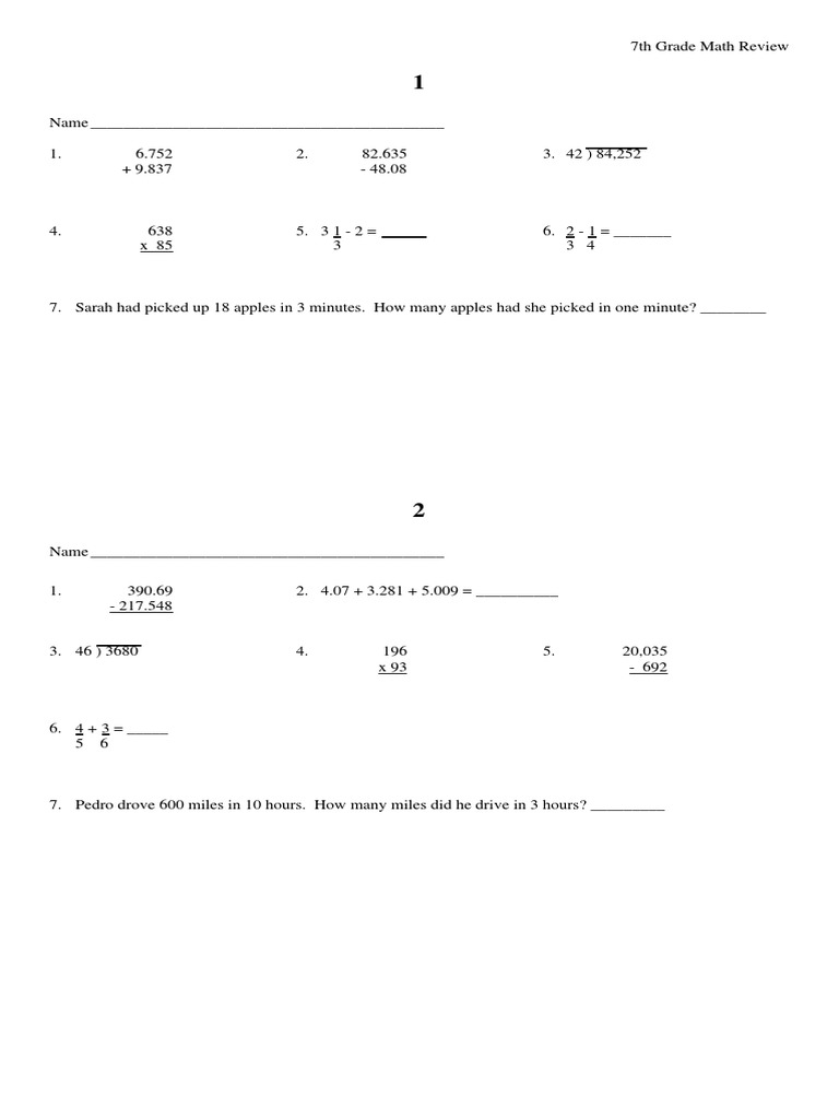 7th Grade Math Review Packet | PDF | Fraction (Mathematics) | Numbers
