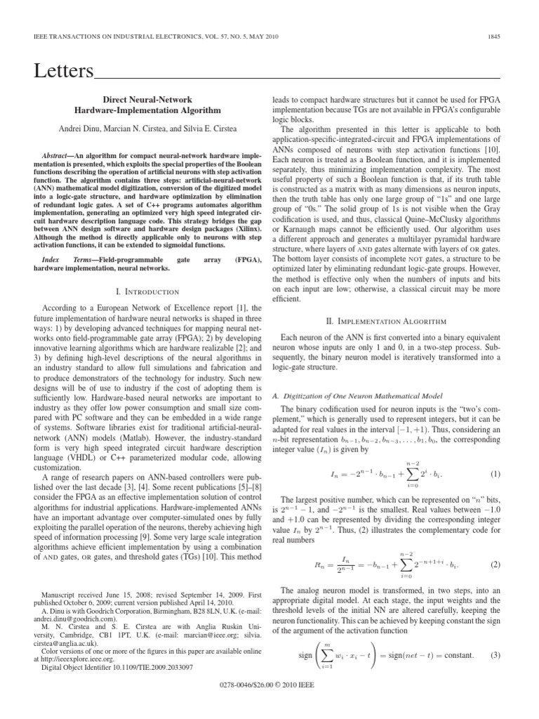 Letters: Direct Neural-Network Hardware-Implementation Algorithm | PDF | Field Programmable Gate ...