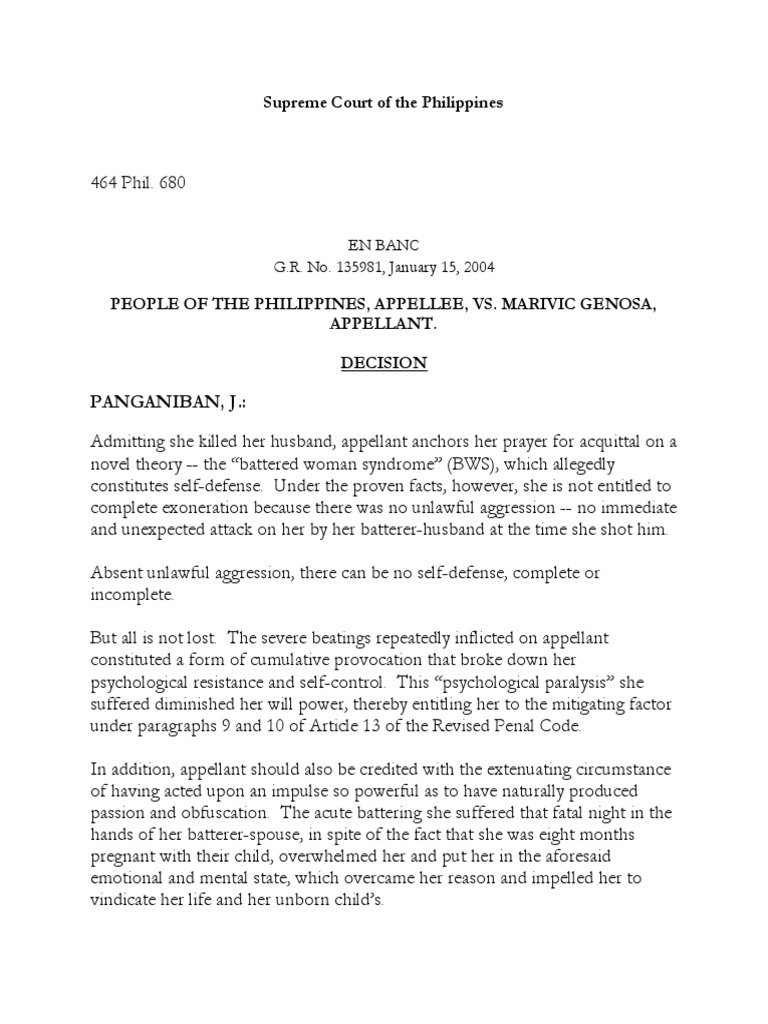 People vs. Genosa | PDF | Psychological Trauma | Mitigating Factor