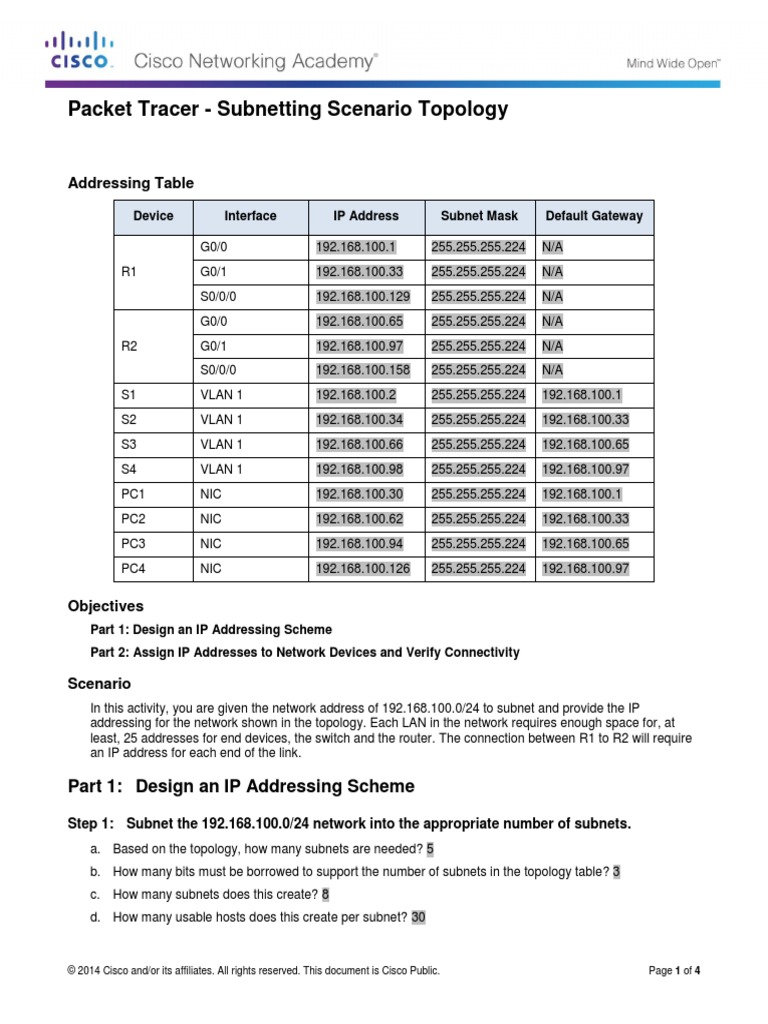 9.1.4.6 Packet Tracer - Subnetting Scenario 1 Instructions IG | PDF ...
