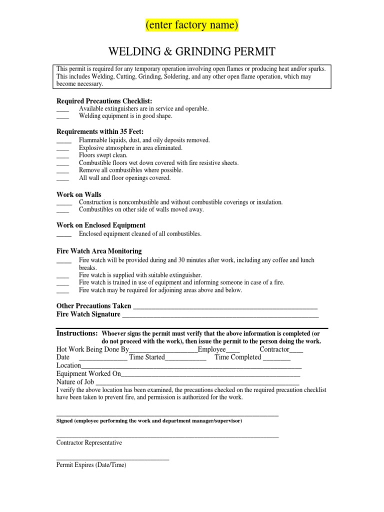(Enter Factory Name) Welding & Grinding Permit: Required Precautions ...
