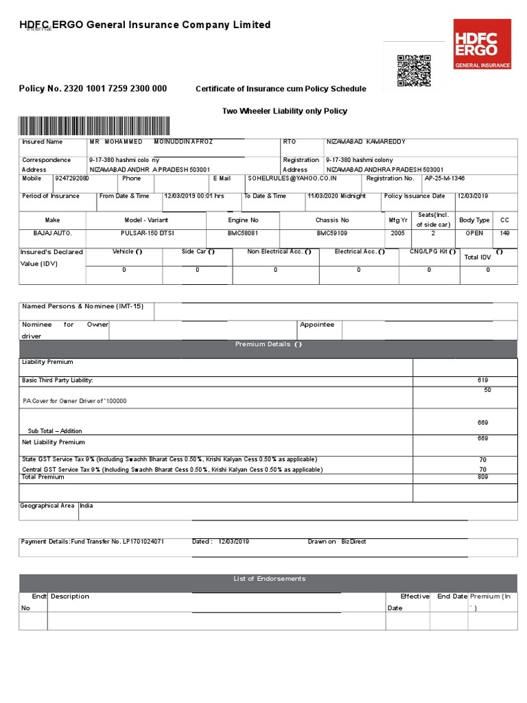 HDFC ERGO General Insurance Company Limited: Policy No. 2320 1001 7259 ...