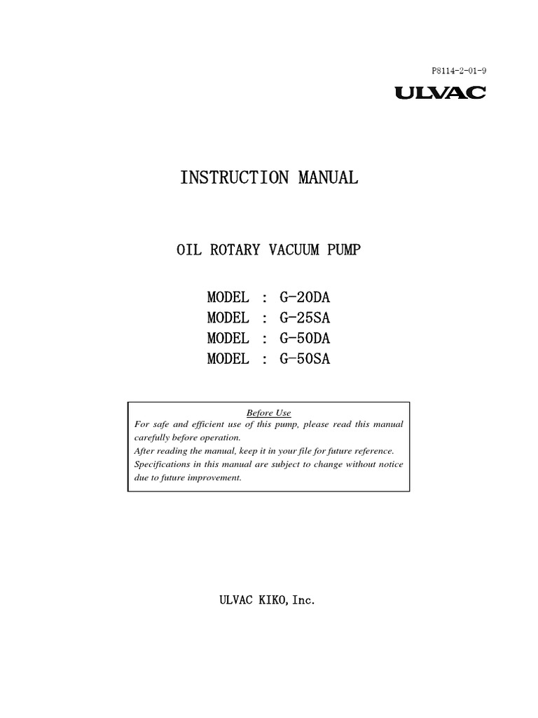 Ulvac-Vacuum Pump - G-20DA - 50DA - MANUAL - ENGLISH PDF | PDF | Motor ...