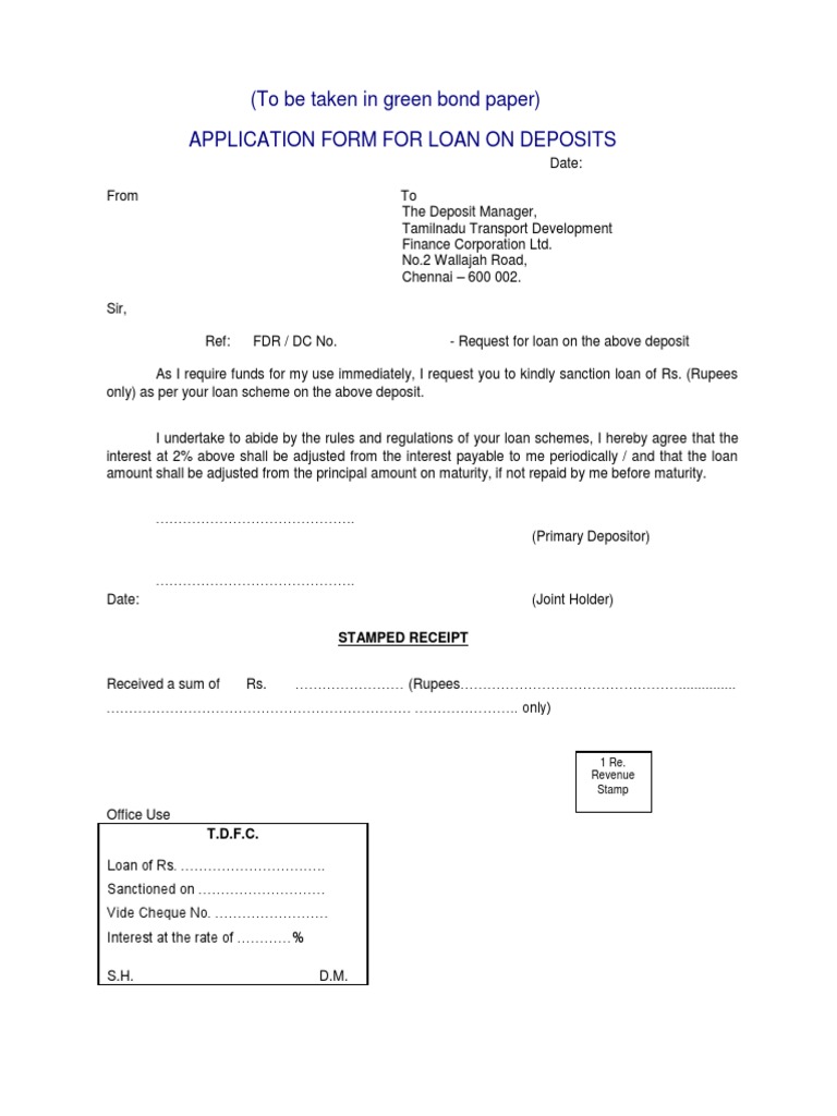 (To Be Taken in Green Bond Paper) Application Form For Loan On Deposits ...