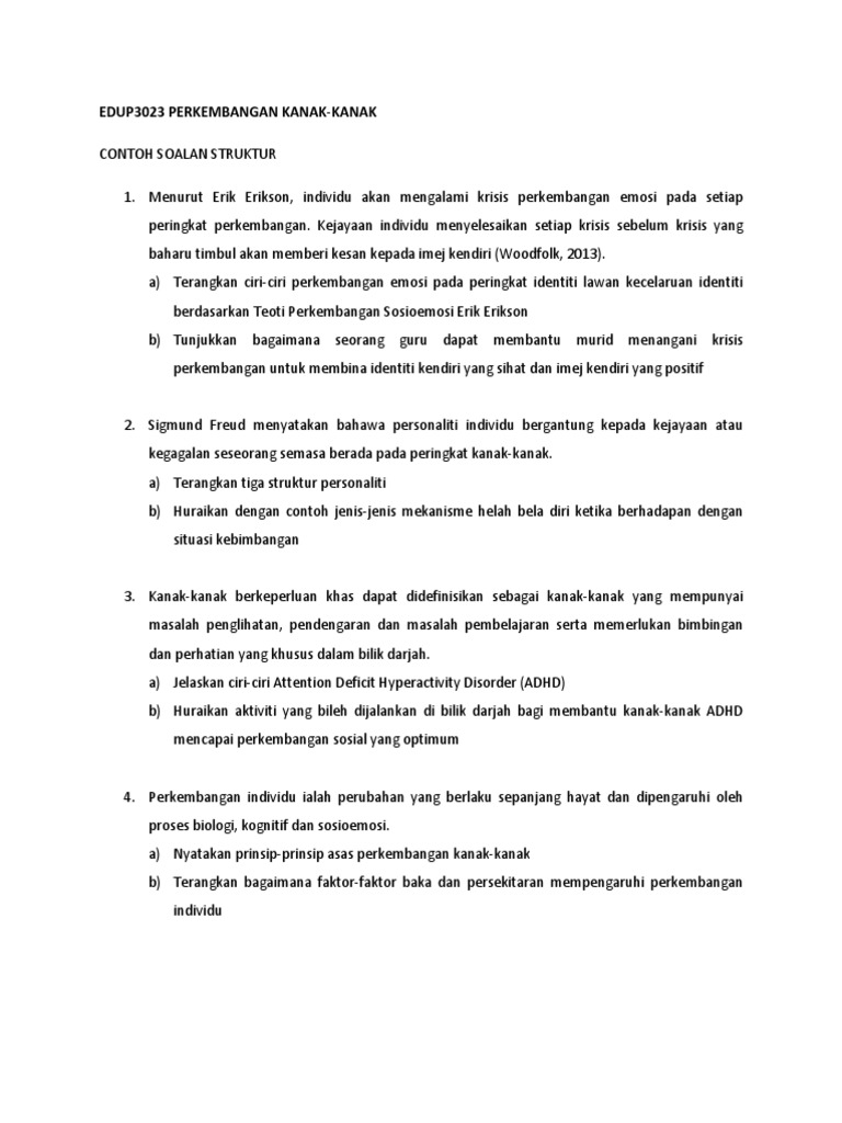 Edup3023 Perkembangan Kanak (Contoh Soalan) | PDF