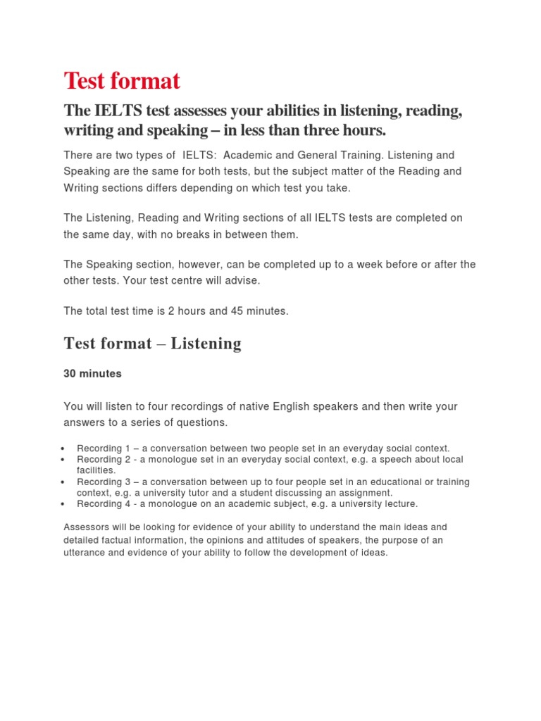 IELTS Test Format Overview | PDF | International English Language ...