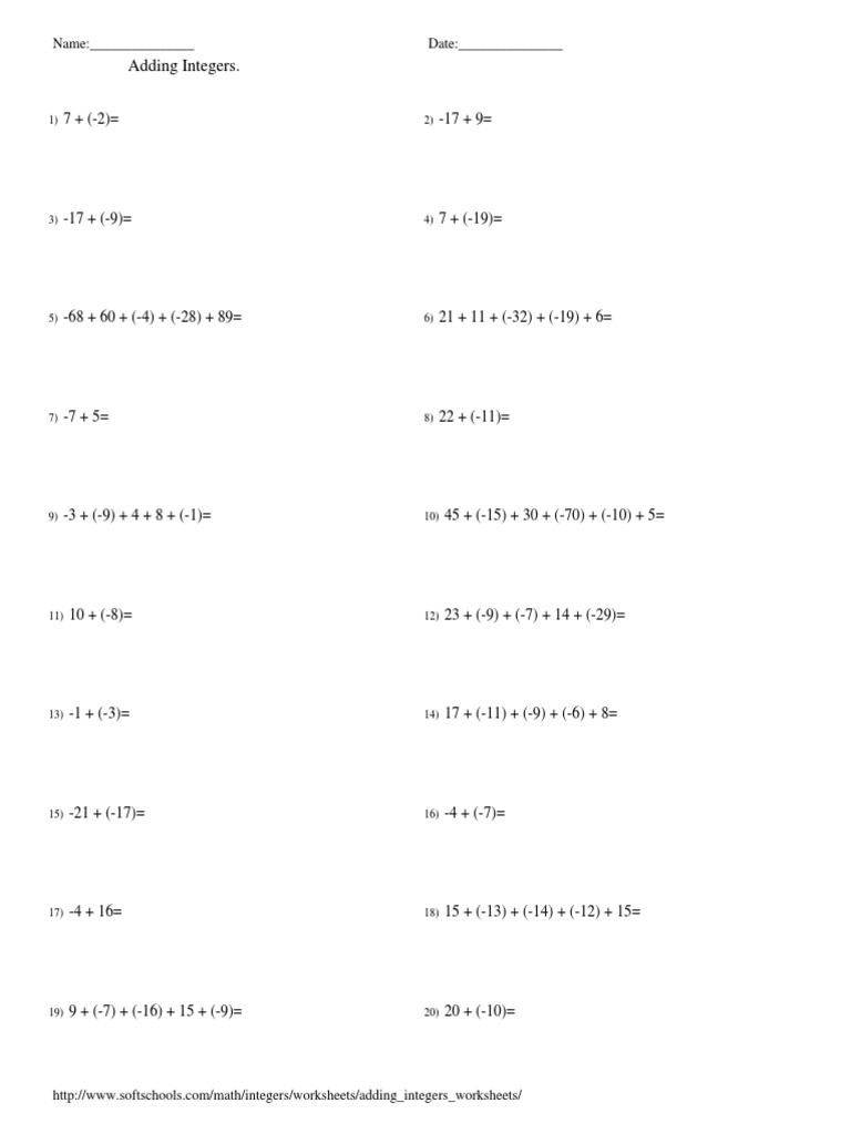 Adding Integers Worksheet | PDF