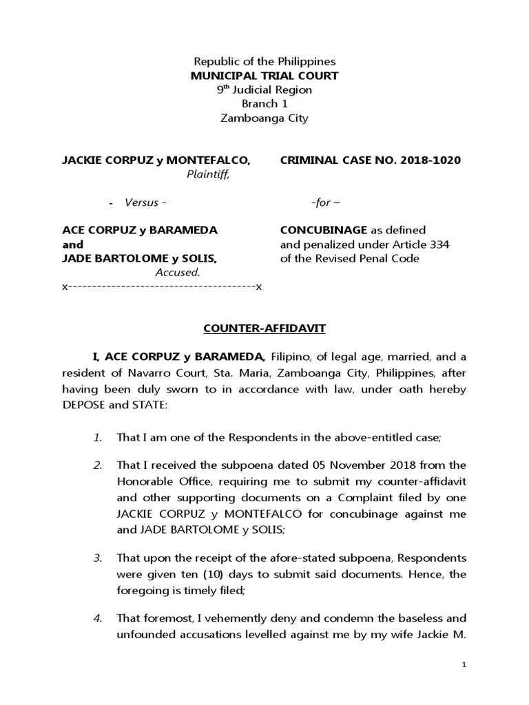 Republic of the Philippines court document concubinage case counter ...