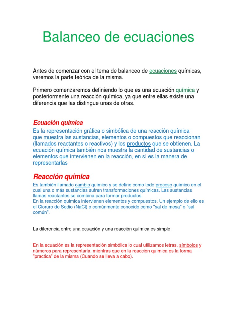 Equilibrio químico y balanceo de ecuaciones | PDF | Redox | Reacciones ...