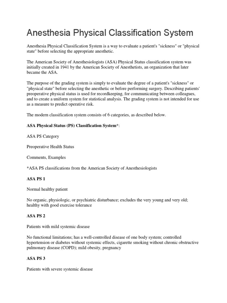 ASA Physical Status (PS) Classification System | PDF | Anesthesia | Surgery