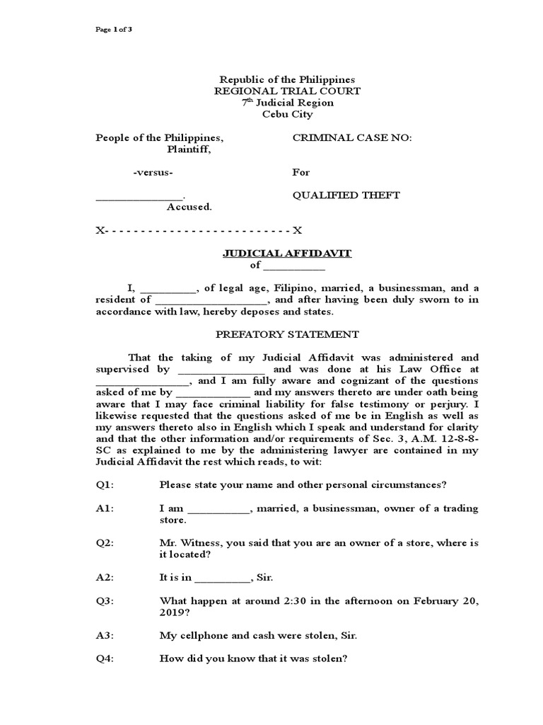 Sample Judicial Affidavit Qualified Theft | Affidavit | Perjury | Free ...