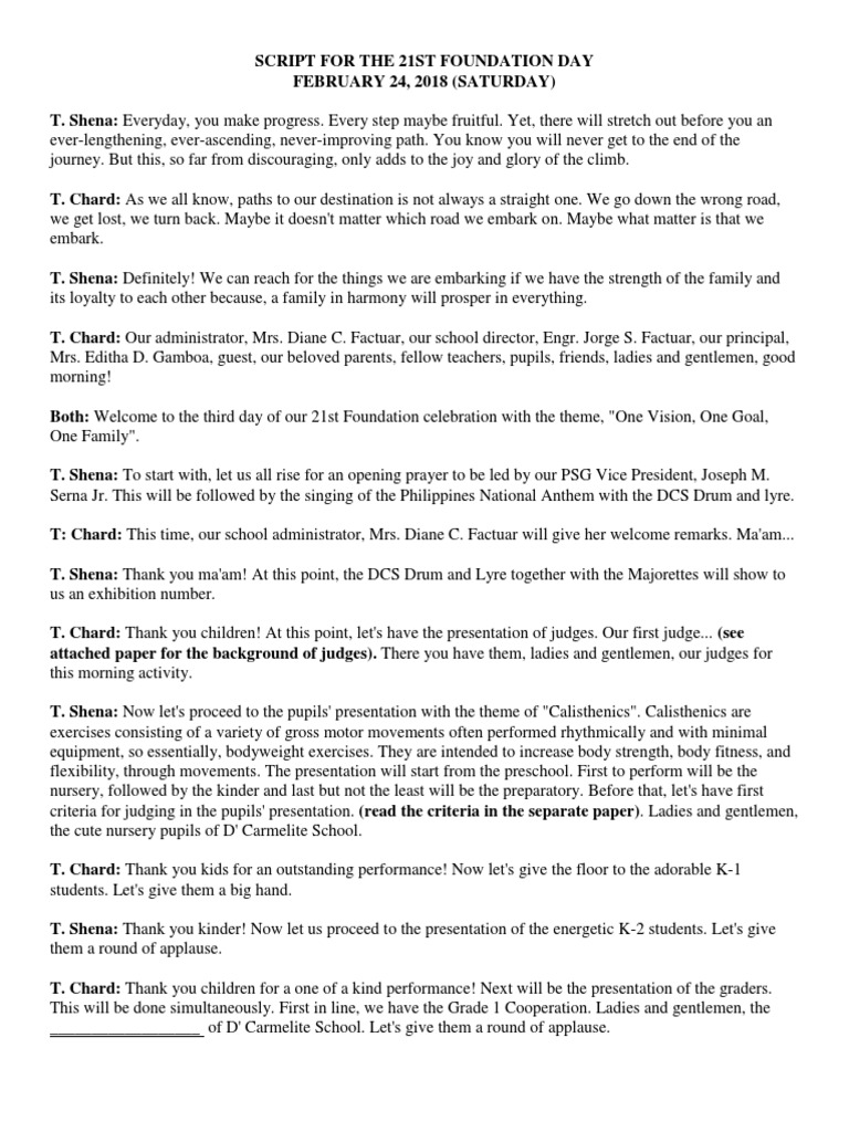 Script For The 21ST Foundation Day | PDF