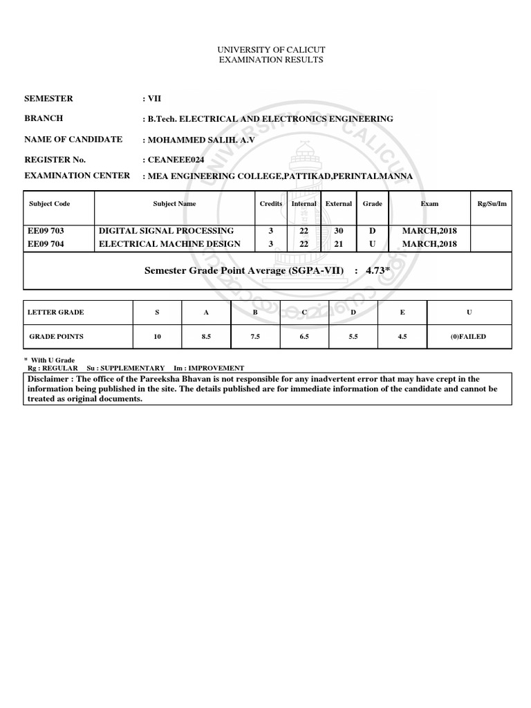 Semester Grade Point Average (SGPA-VII) : 4.73 : University of Calicut ...
