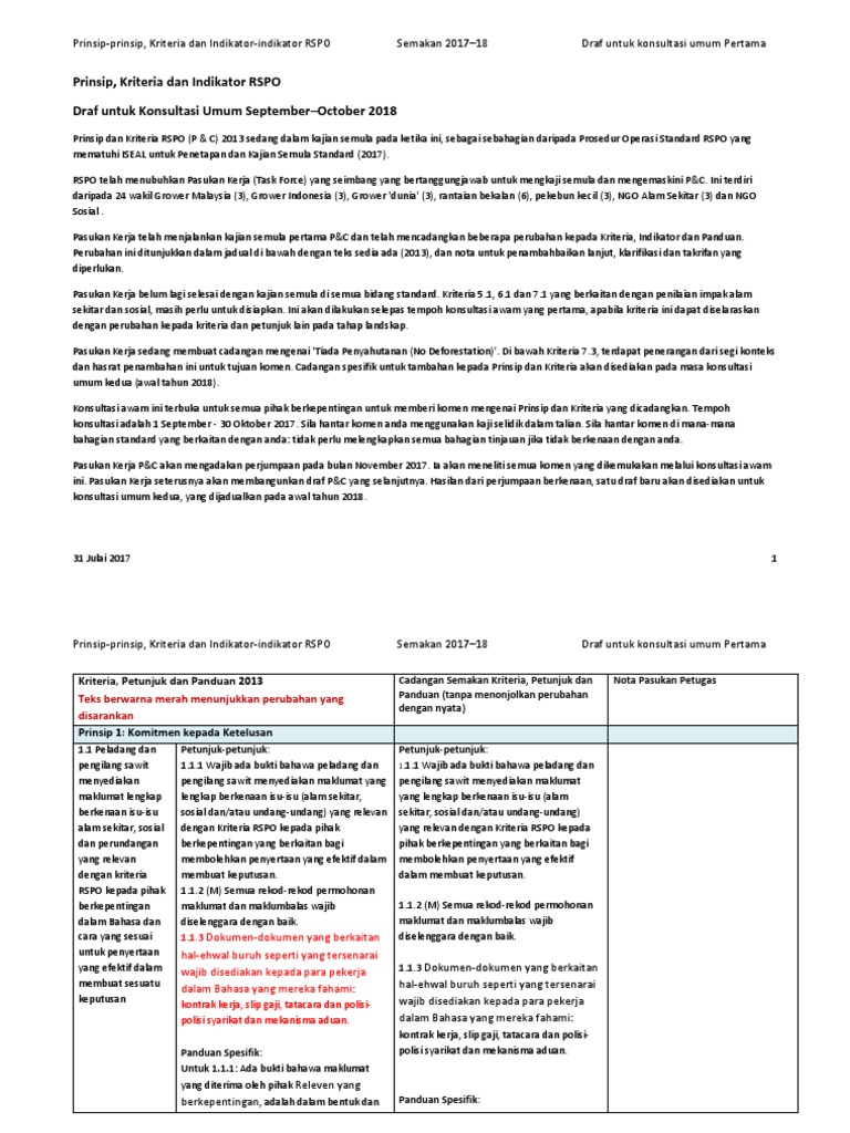 RSPO REVISED PRINCIPLES AND CRITERIA DRAFT 1-Malaysian PDF | PDF ...