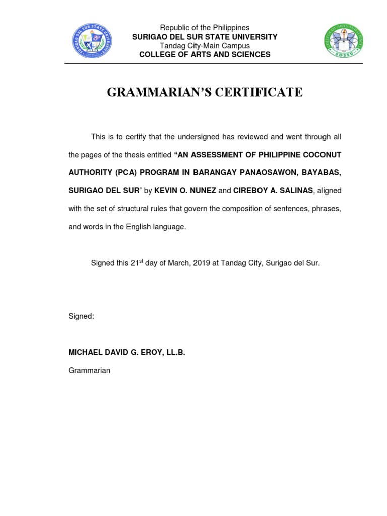 Grammarian's Certificate for Thesis | PDF